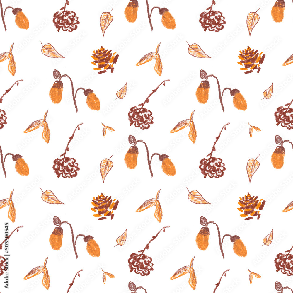 Seamless pattern with autumn leaves drawn in wax crayons on white ...