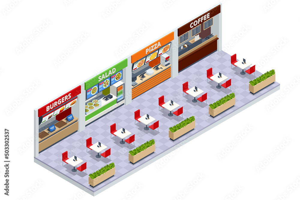Fast Food Court. Isometric Coffee, Burgers, Salad and Pizza Place ...