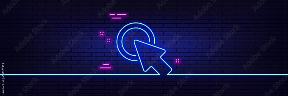 Neon light glow effect. Click here line icon. Push the button sign. Web ...