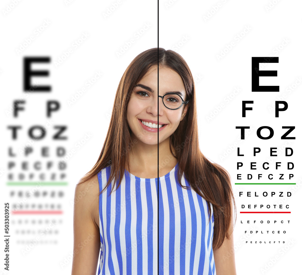 Collage with photos of woman with and without glasses and eye charts on ...