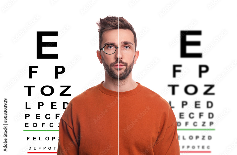 Collage with photos of man with and without glasses and eye charts on ...