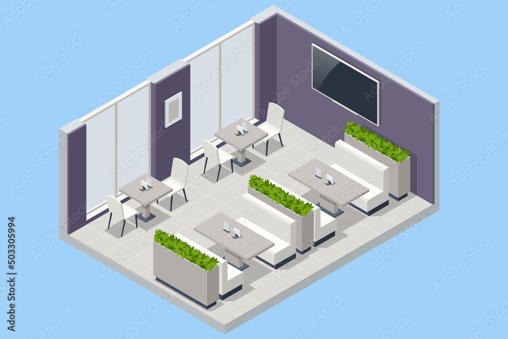 Fast Food Court. Isometric Sushi, Coffee, Ice Cream, Burgers, Salad and ...