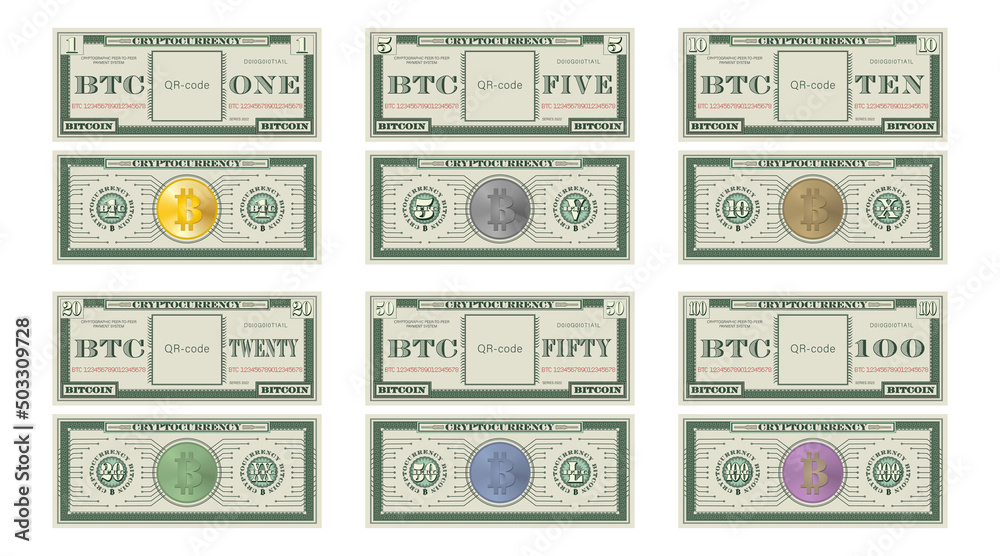 Vector set of paper bitcoins with denominations from 1 to 100. Samples ...