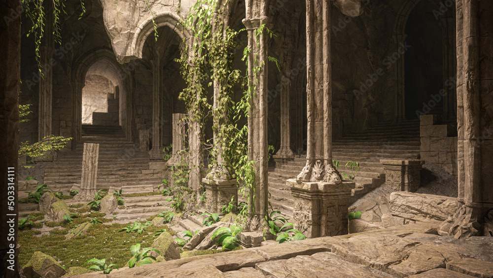 3D illustration of an old medieval fantasy gothic temple ruin built in ...