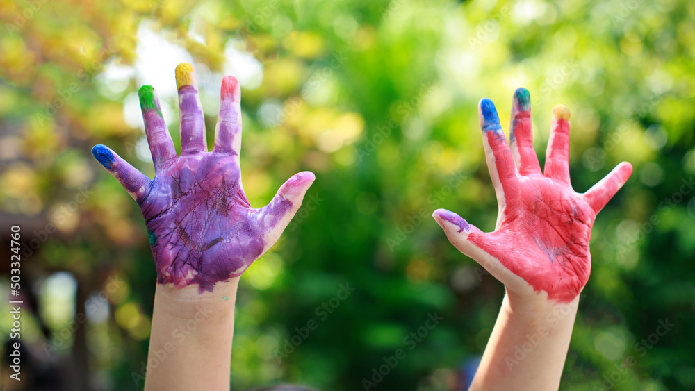 Colorful hands and fingers of kid for finger painting art work. Picture ...