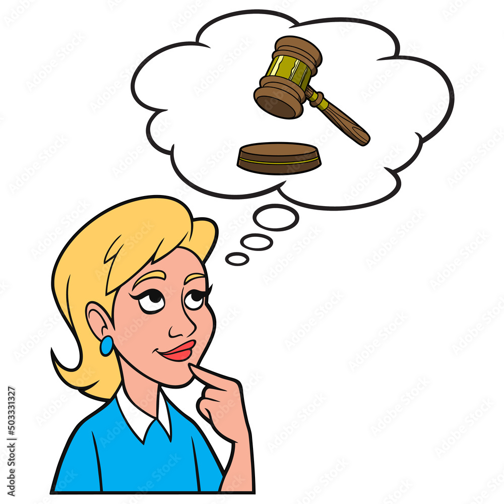Girl thinking about a Judge Gavel - A cartoon illustration of a Girl ...