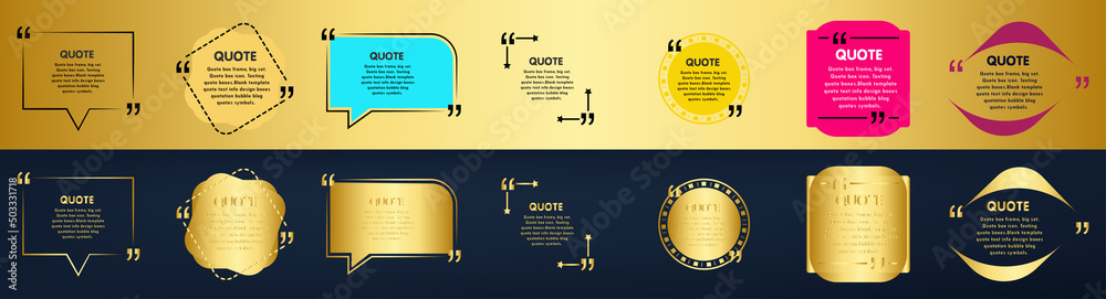 Golden Quote box frame, big set. Quote box icon. Texting quote boxes ...