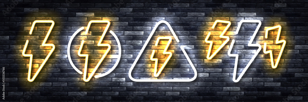 Vector set of realistic isolated neon sign of Lightning Bolt logo on ...