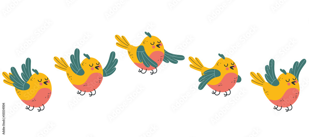 Little bird character flying steps action movement concept. Vector flat ...