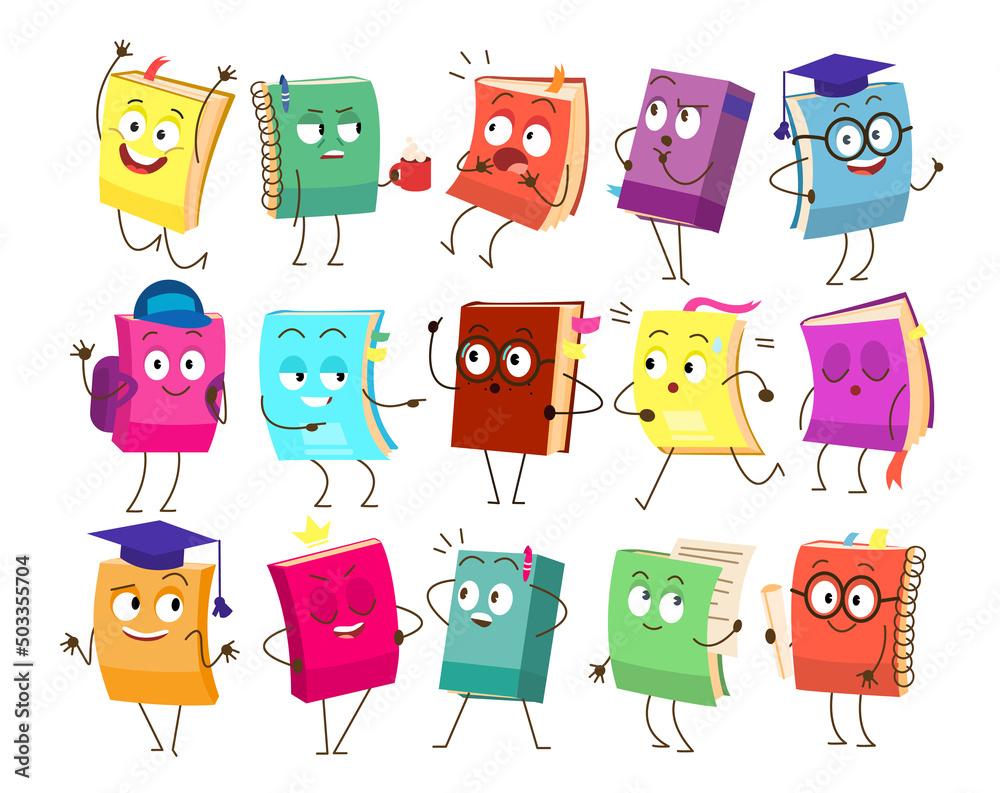 Set of funny book characters, mascots, cartoon. Childish books with ...