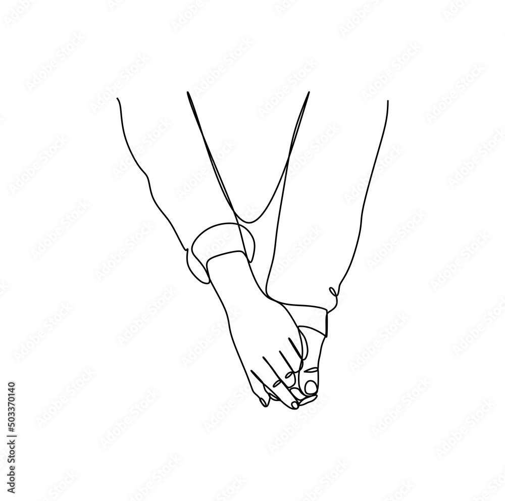 continuous line drawing of Close up at couple hands holding each other ...