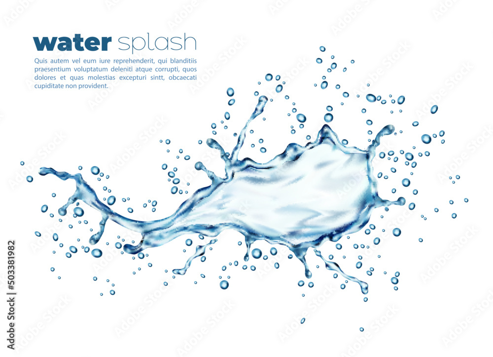 Blue water wave isolated splash with drops, vector realistic water ...