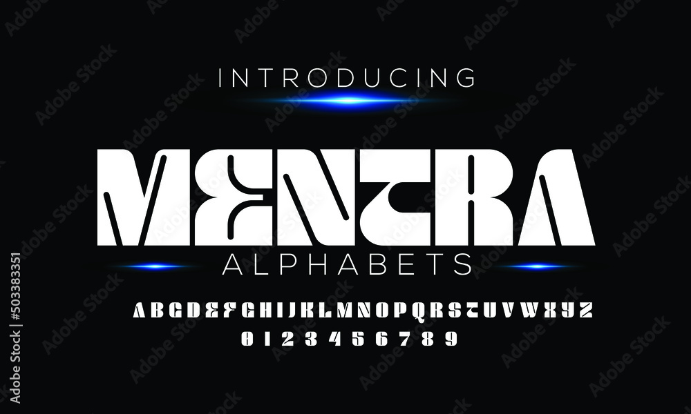 MENTRA, a bold decorative display font, modern alphabet typeface design ...