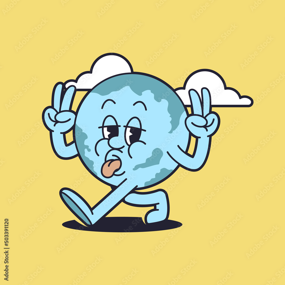 Retro globe cartoon mascot character. Happy vintage walking earth ...