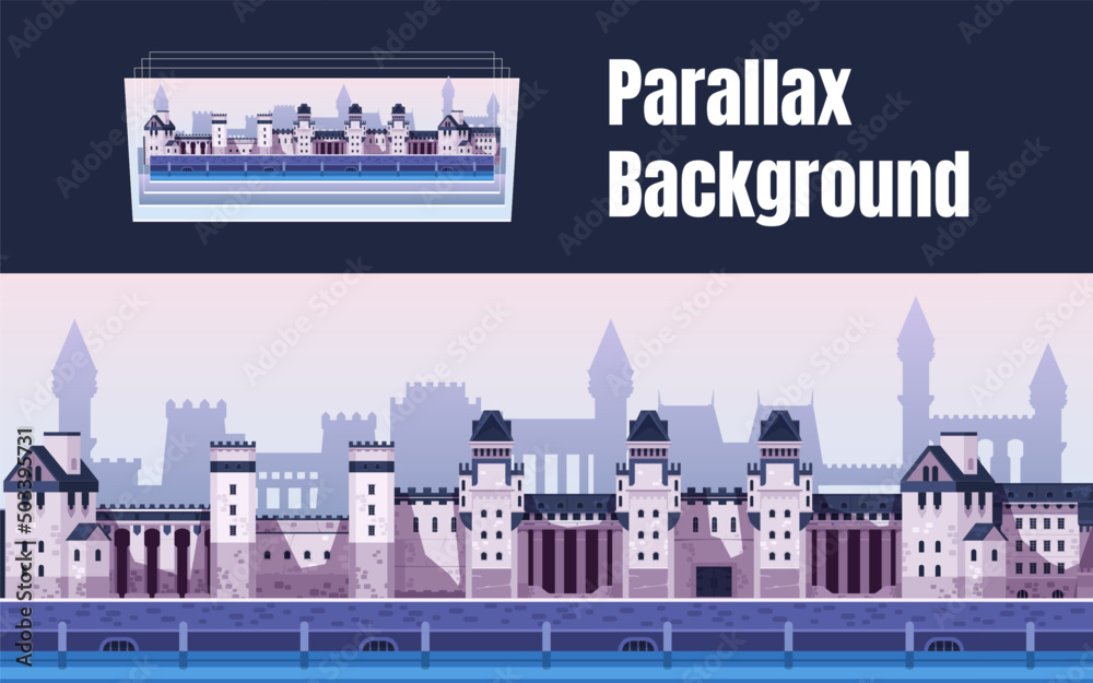 Game medieval background. Parallax effect scene with fortress, ancient ...
