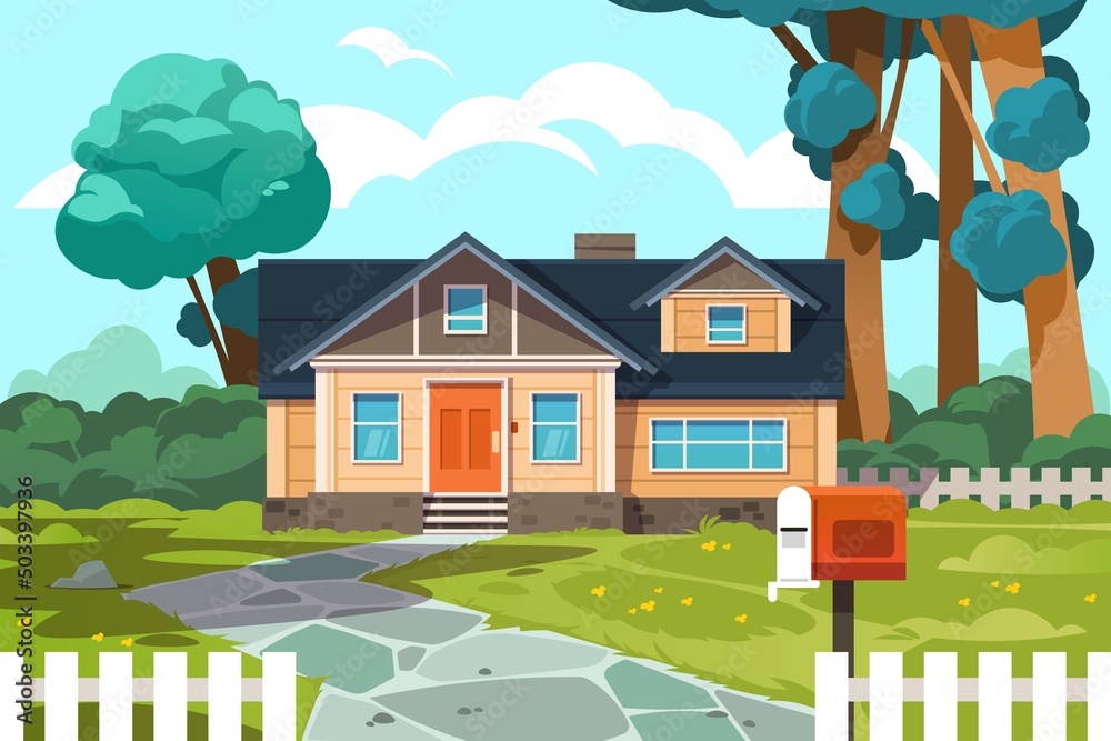 Suburban Cottage Cartoon Country House Exterior Neighborhood Home With Yard And Lawn