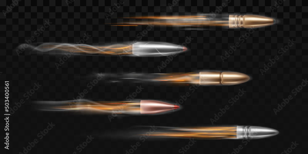 Flying bullet with smoke trace and fire, realistic vector isolated on ...
