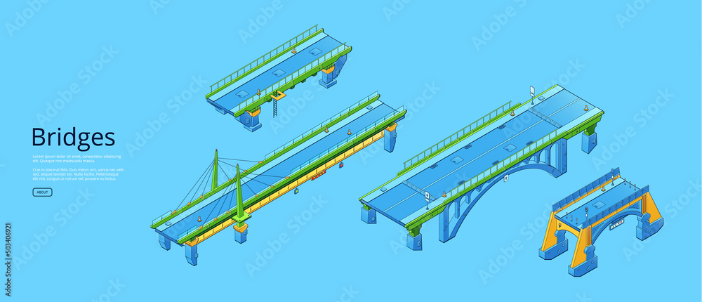 Bridges poster with isometric architecture construction on pillars over ...