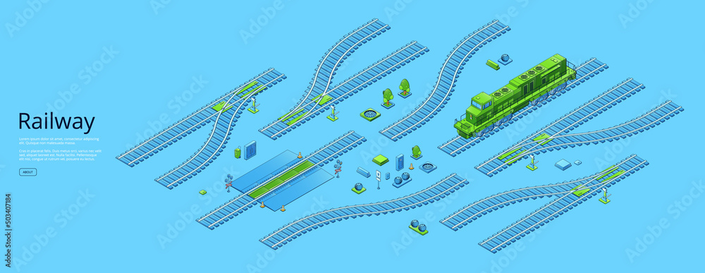 Railway banner with isometric locomotive and rail track elements ...