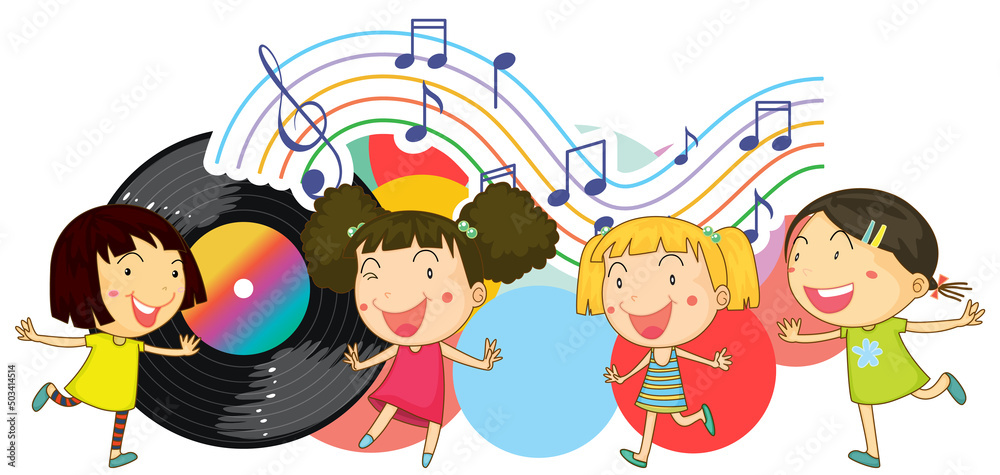 Happy children dancing with music notes on white background Stock ...