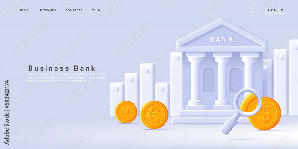 Web banner for bank with bank building institution with bar chart and ...