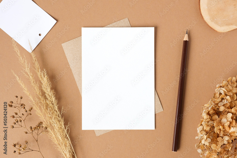 Blank greeting card, invitation mockup. Dry grass, pampas plant on ...