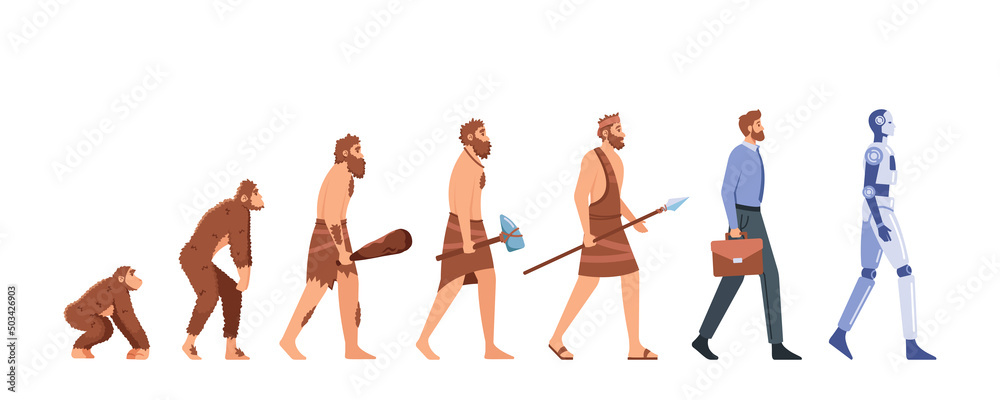 Human Evolution from Monkey to Cyborg Timeline Isolated on White ...