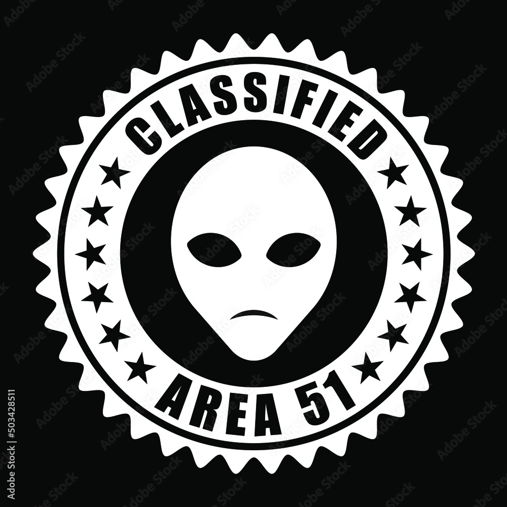 Classified area 51 label. Alien head vector sign. Humanoid face symbol ...