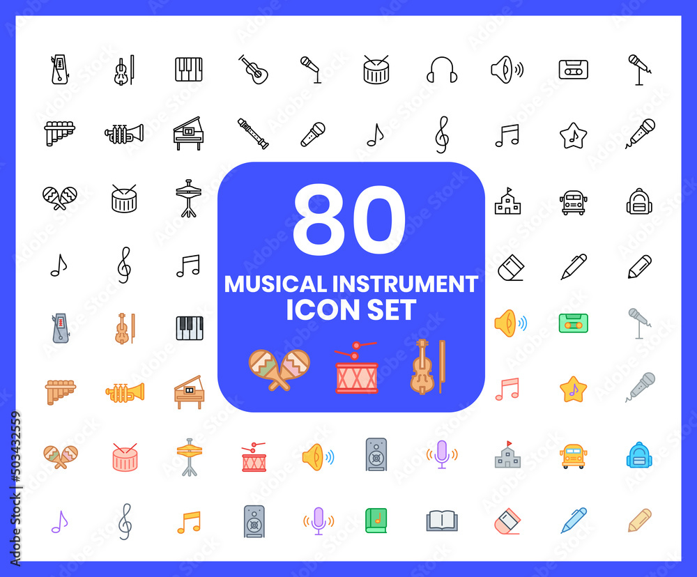 Collection of musical instrument linear icons and color icons. music ...