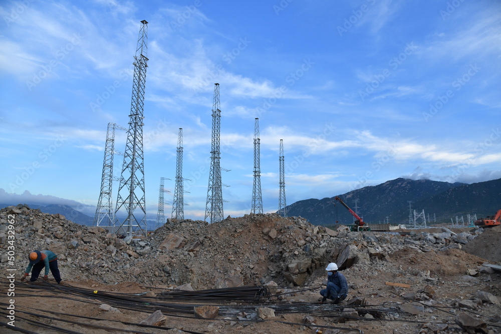 High voltage transformer tower in a substation being constructed ...