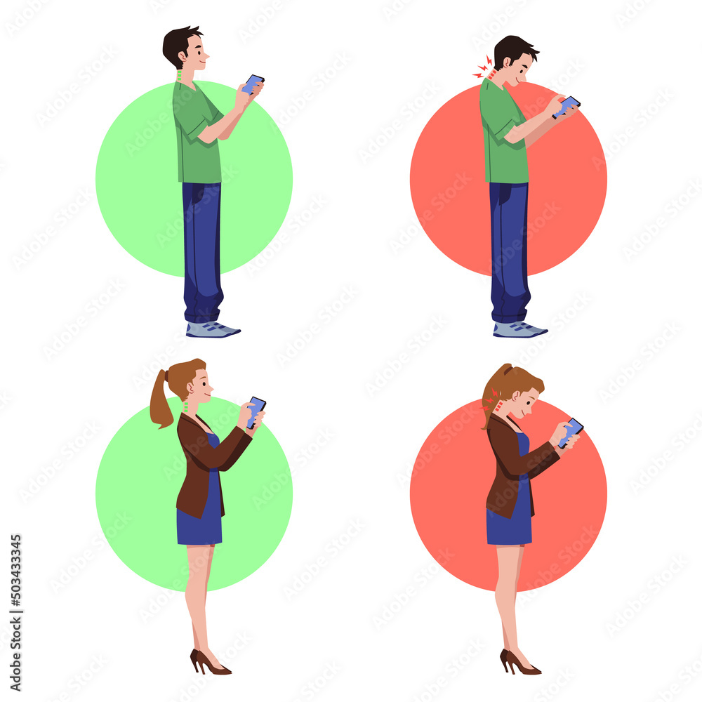 Posture man, woman vector illustration with phone isolated on white ...
