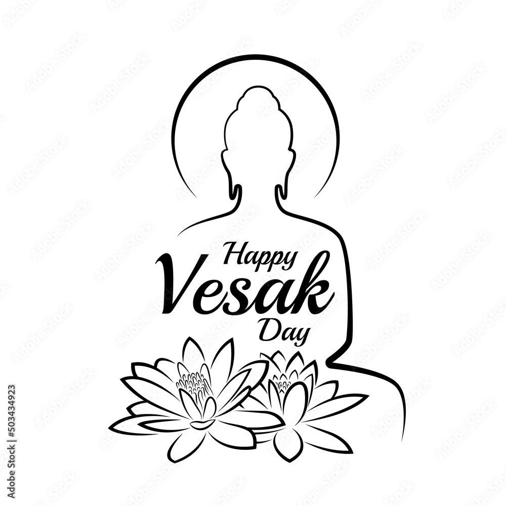 Vesak day banner abstract black line buddha and lotus sign and happy ...