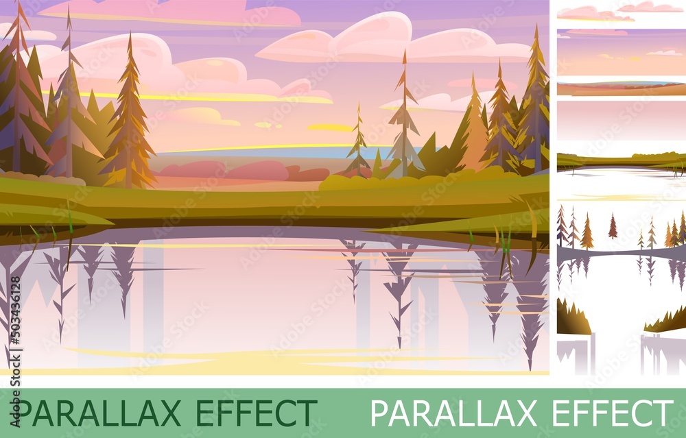 Rural landscape with parallax effect. Water pond or river bank with ...
