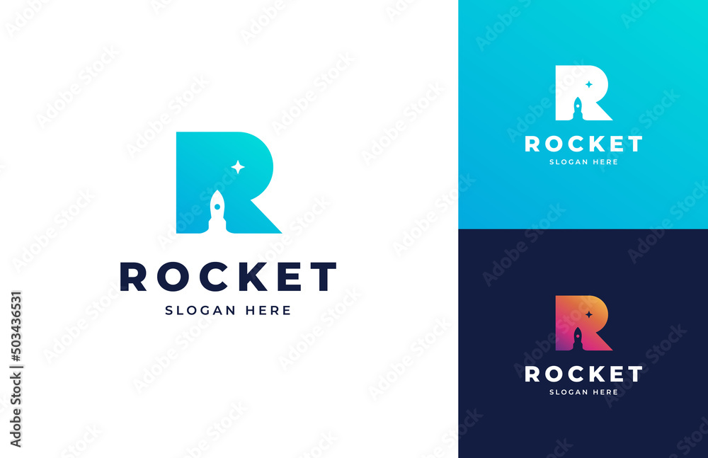 Rocket launch blast tech vector logo design, Creative letter R fly ...