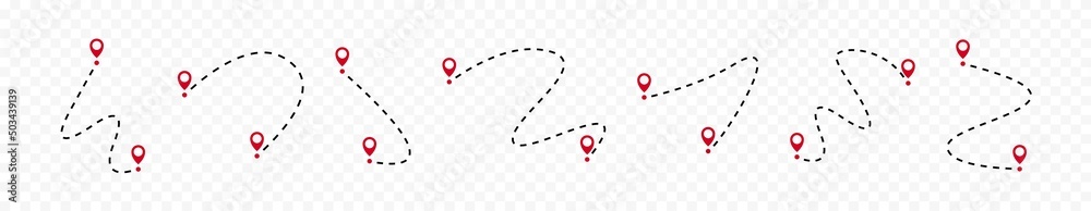 Black dotted line path with red location pin pointers. Travel path set. Line path collection ...