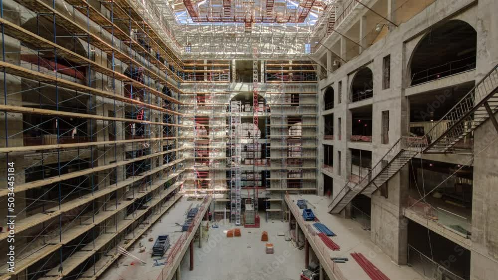 Panorama showing construction equipment material with scaffolding and ...