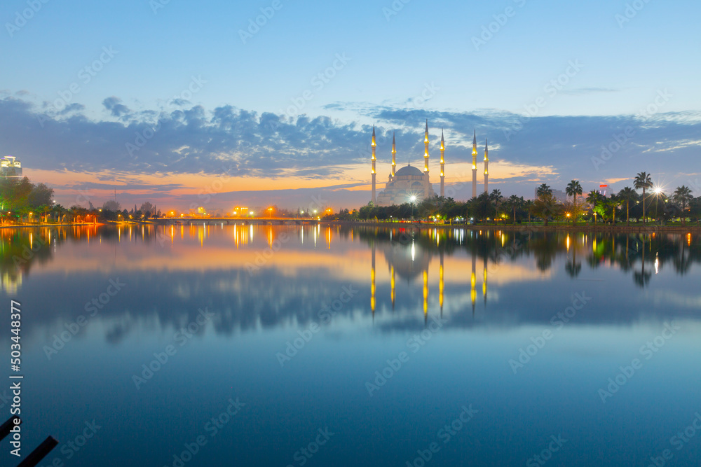 Blue hour long exposure and reflection view, Sabanci Central Mosque ...