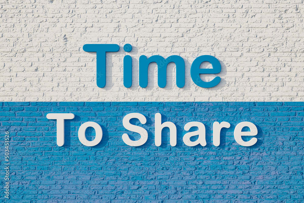 Time to share in blue and white colored letter against the brickwall ...