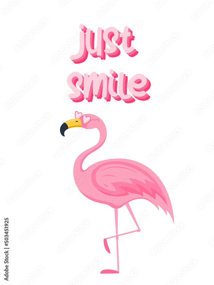 Cute beautiful pink flamingo with pink heart-shaped glasses and words ...