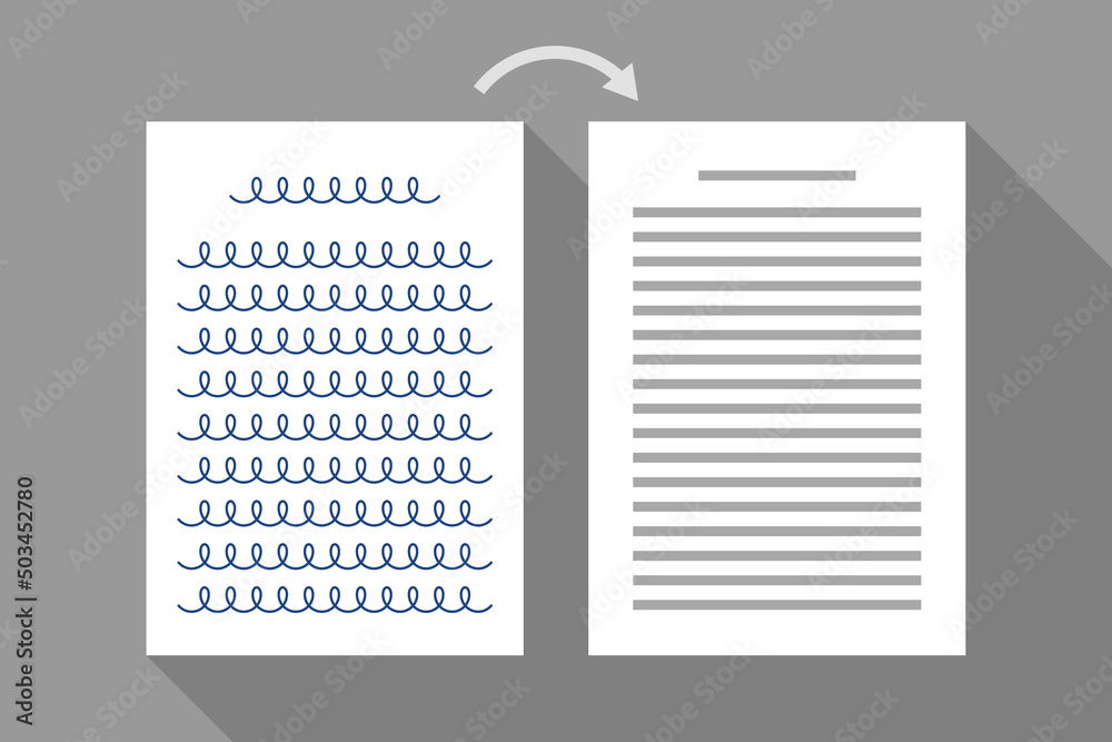 Paper sheets with handwritten and typed texts, and arrow Stock Vector ...