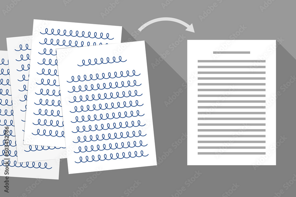 Paper sheets with handwritten and typed texts, and arrow Stock Vector ...