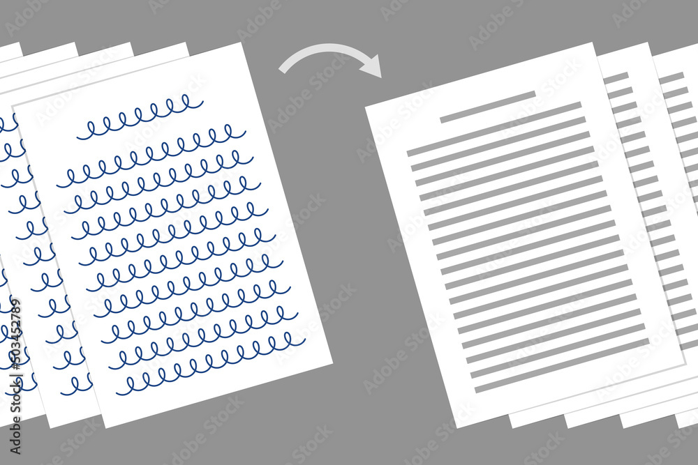 Paper sheets with handwritten and typed texts, and arrow Stock Vector ...