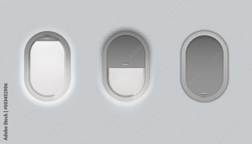 Set of realistic airplane windows with different shutter positions ...
