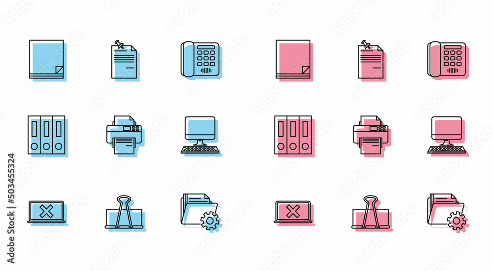 Set line Laptop and cross mark on screen, File document, Folder settings with gears, Printer ...