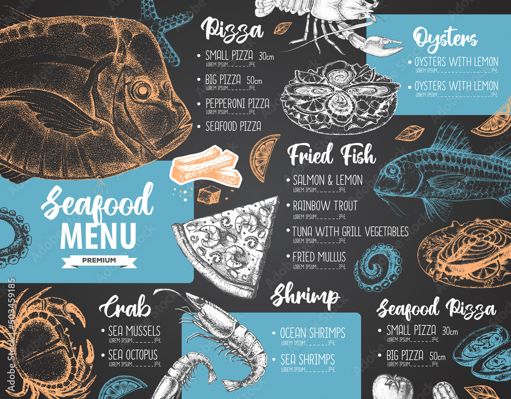 Chalk drawing seafood restaurant menu design with hand drawing fish ...