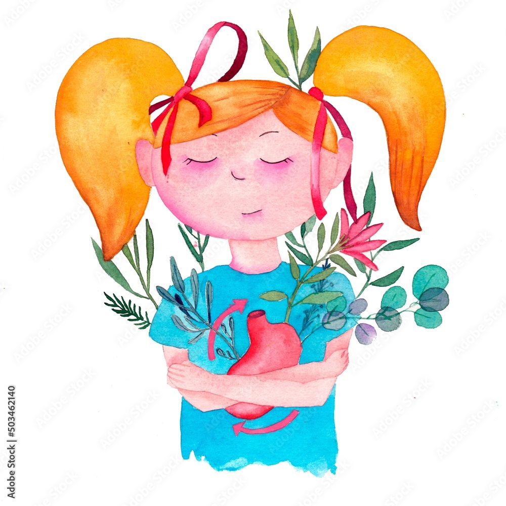 Girl hugs herself. Woman love and care self, confident female esteem ...