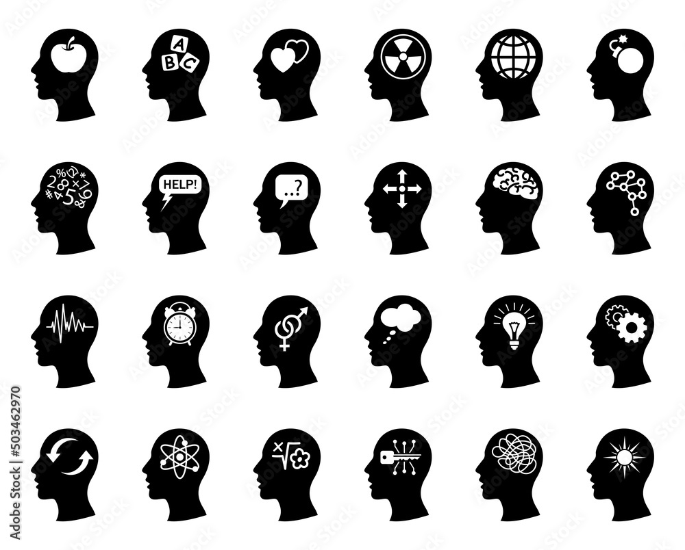 Human head icons set with thinking symbols. Collection of head profile ...