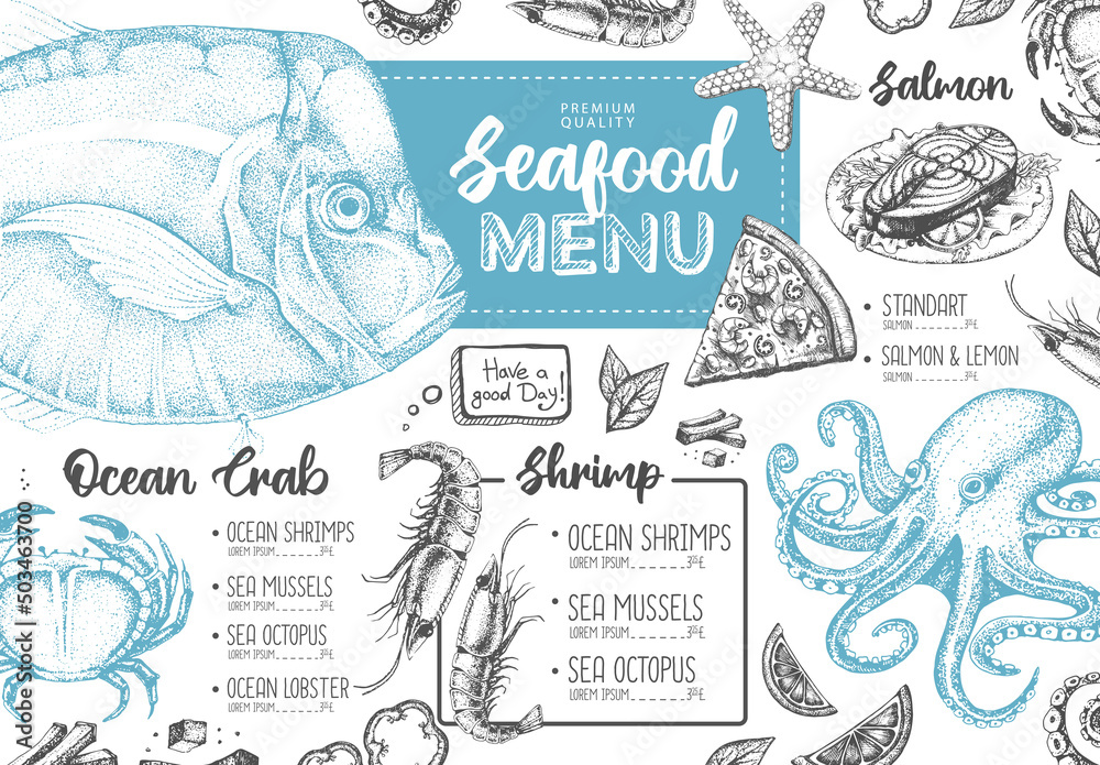 Seafood restaurant menu design with hand drawing fish. Vector ...