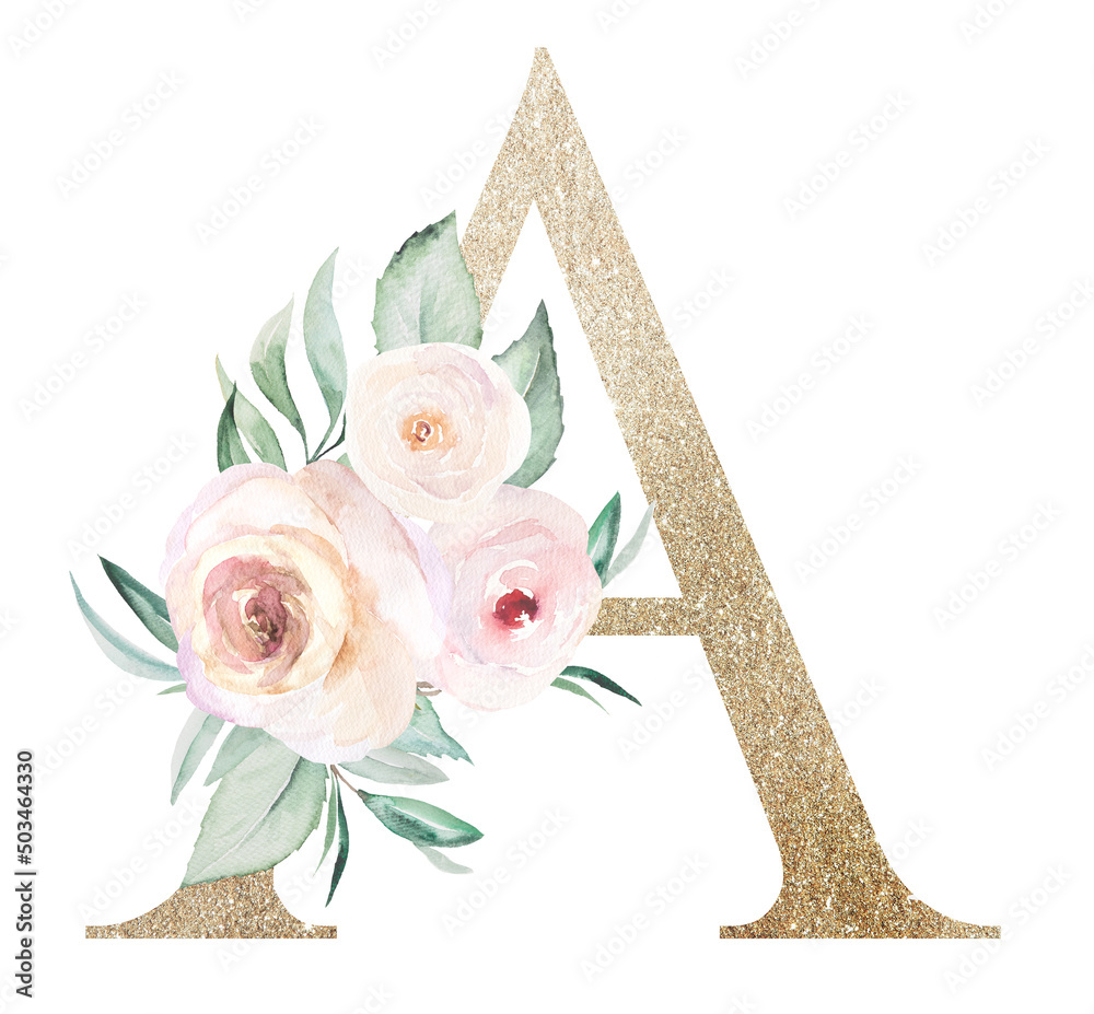 Light golden Letter A with watercolor roses and leaves. Pastel floral ...