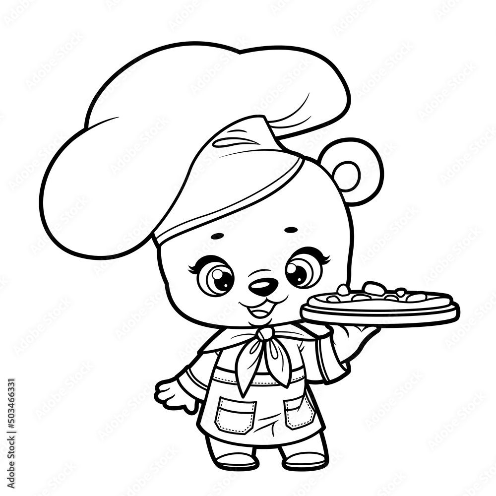Cute cartoon baby bear dressed as a chef and with pizza outlined for ...